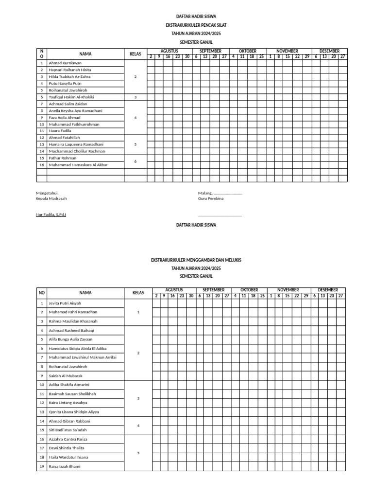 Daftar Hadir Ekstrakurikuler 2024/2025 | PDF