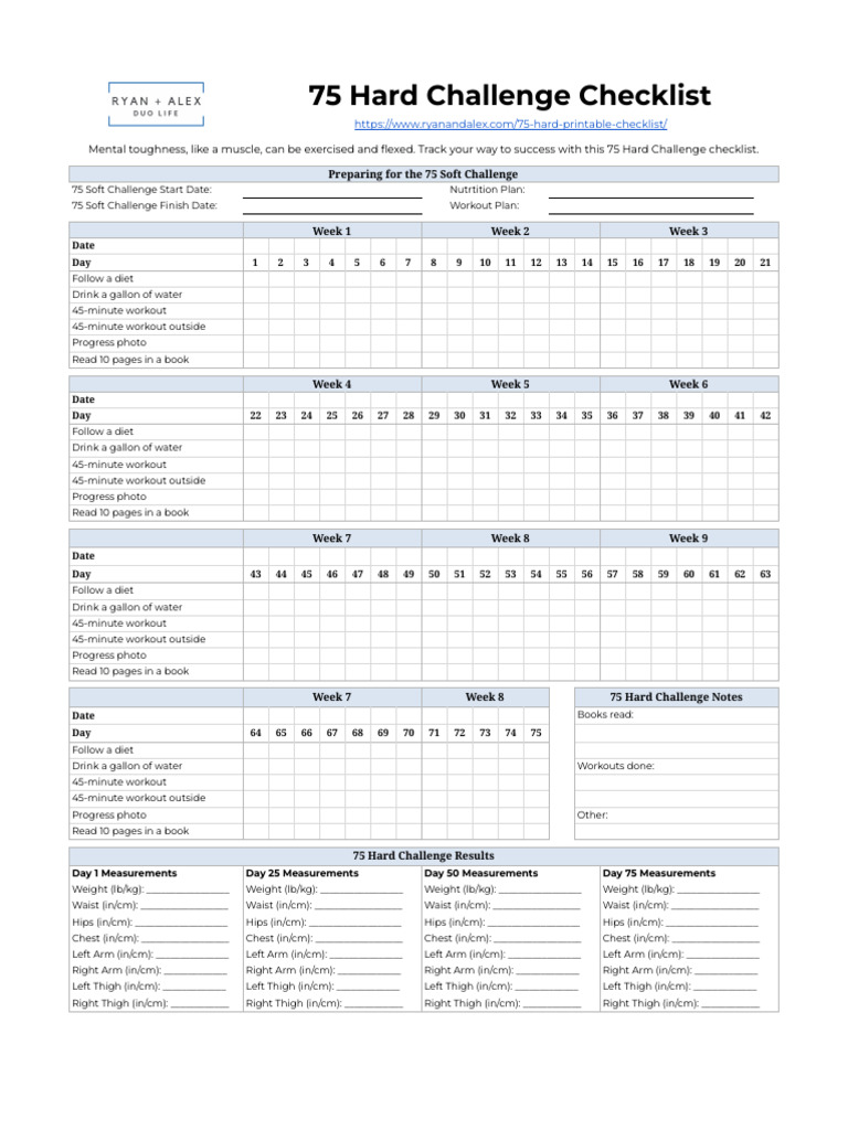 75 Hard Printable Checklist - Ryan and Alex Duo | PDF