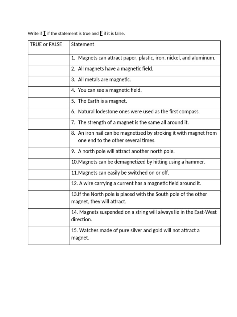 Magnets TRUE or FALSE Without Answer | PDF