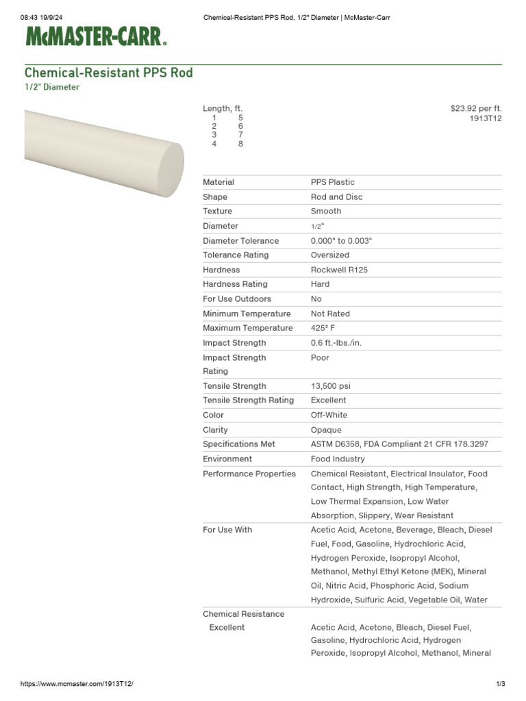 Chemical-Resistant PPS Rod, 1 - 2 - Diameter - McMaster-Carr 1913T12. | PDF