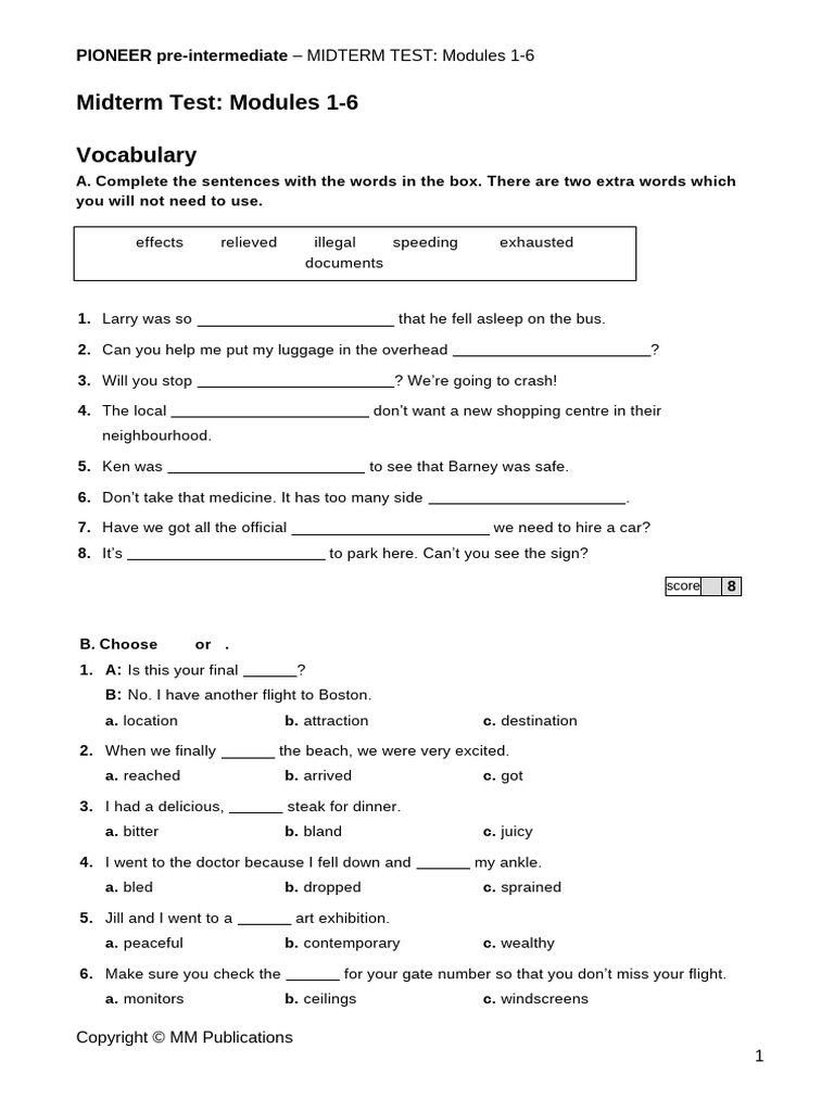 Pioneer Pre-Intermediate Midterm 1-6 | PDF