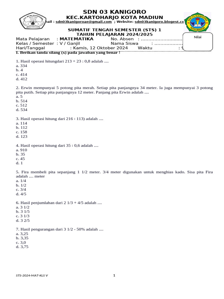 STS Kelas 5 MAT 2024 Smt.1 | PDF