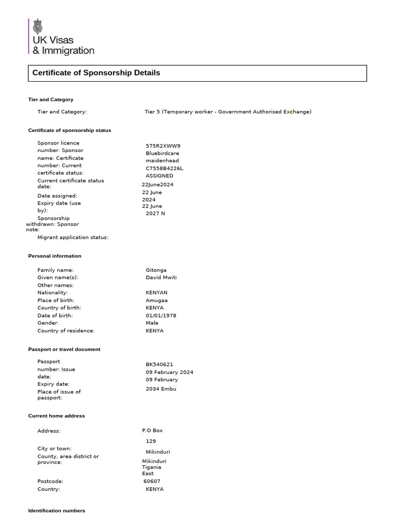 Tier 5 Sponsorship Certificate Details | PDF | Identity Document ...