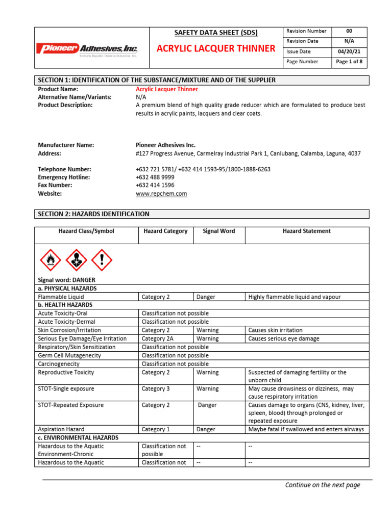 SDS Acrylic Lacquer Thinner - Rev00 - 042021 | PDF | Combustion | Water