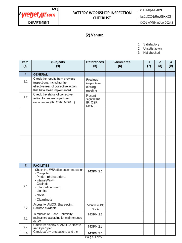 Revise VJC-MQA-F-059 Battery Workshop Inspection Checklist - APR 2024 | PDF