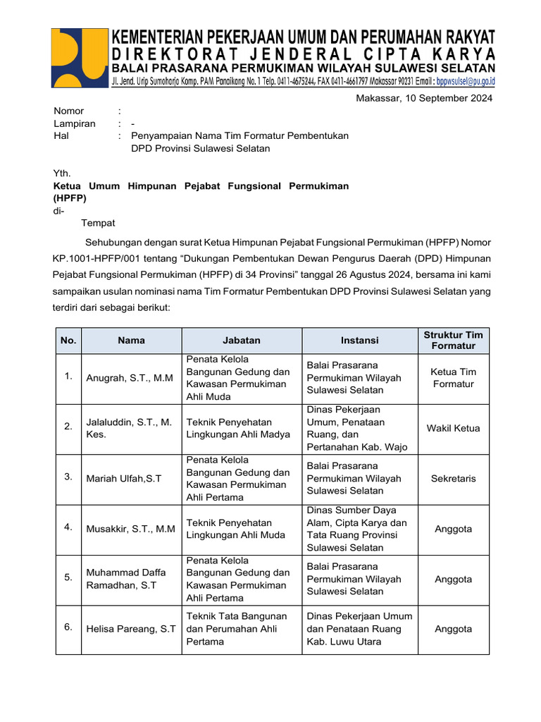 Surat Usulan Tim Formatur Pembentukan Dpd Prov Sulsel Pdf