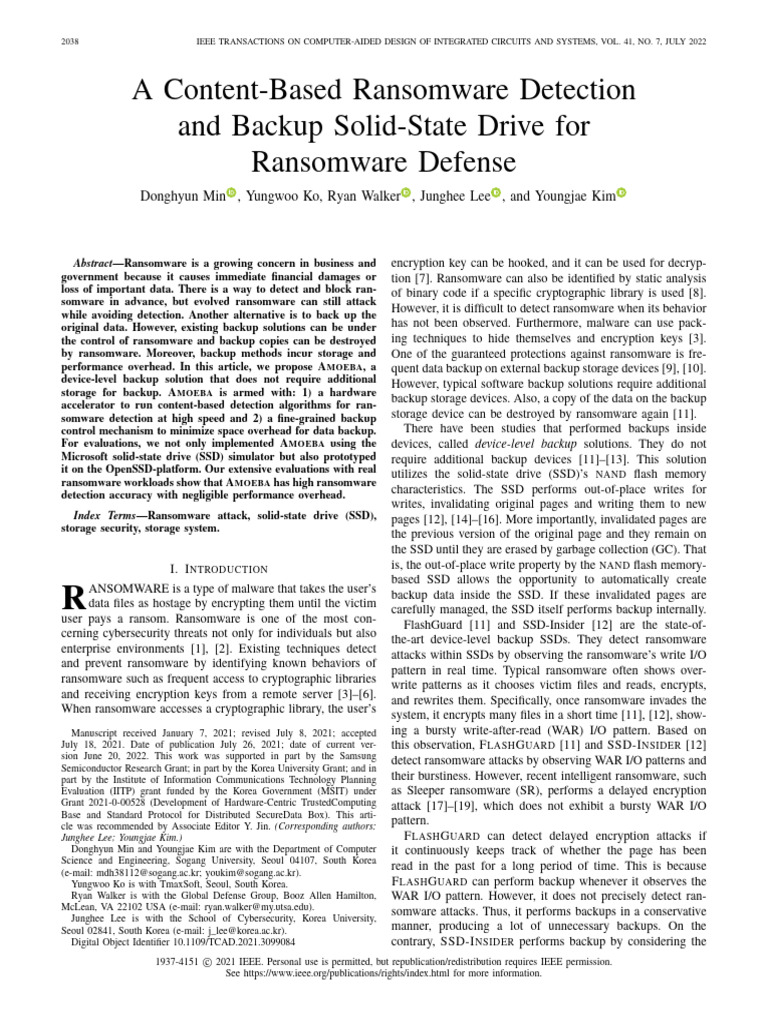 A Content Based Ransomware Detection And Backup Solid State Drive For Ransomware Defense Pdf
