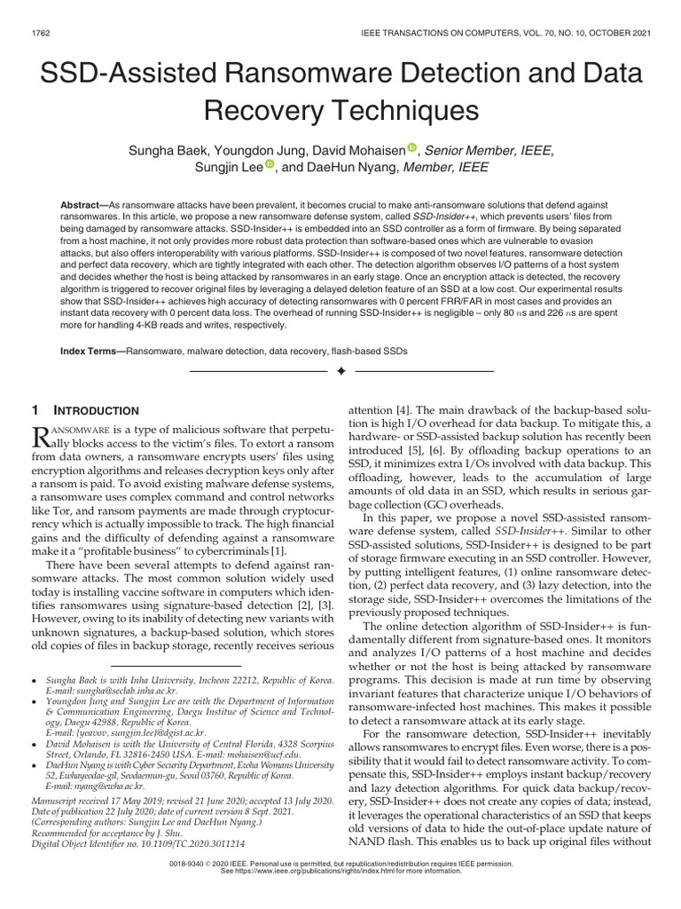 SSD-Assisted Ransomware Detection and Data Recovery Techniques | PDF