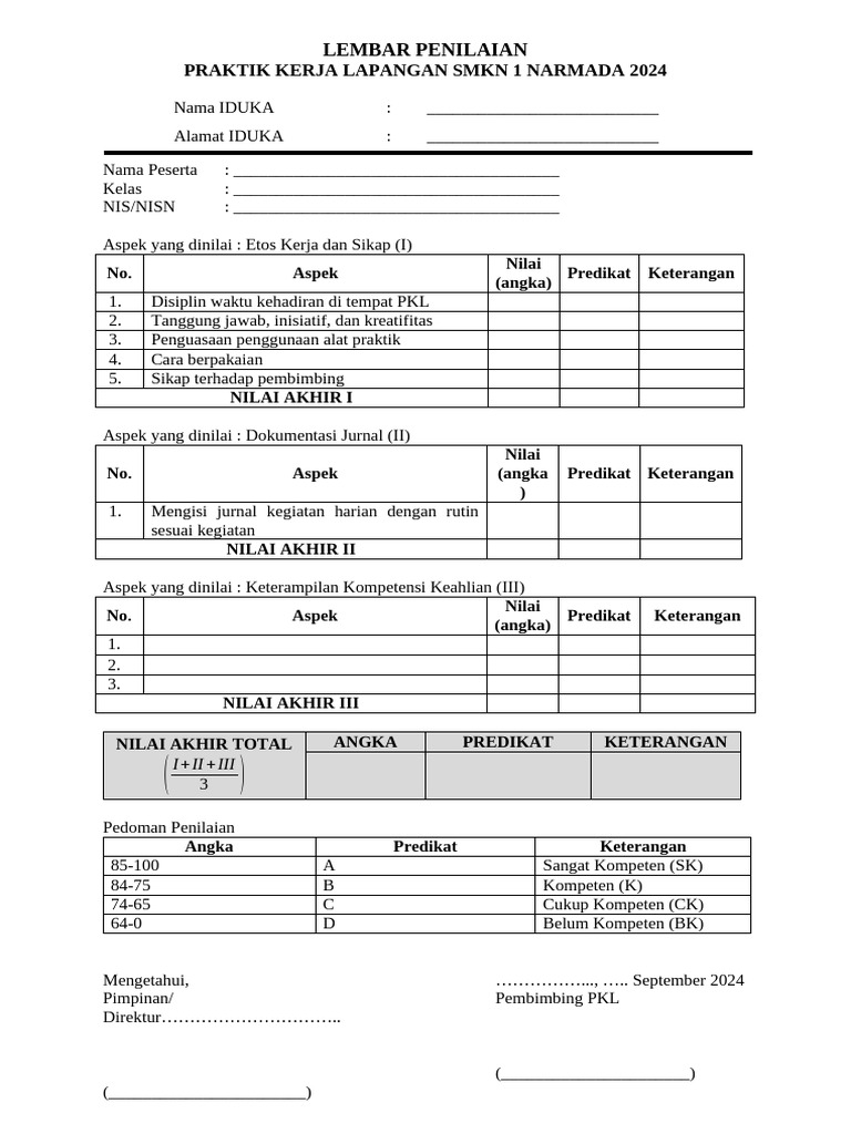 Format Lembar Penilaian PKL 2024 - Rev 1 | PDF