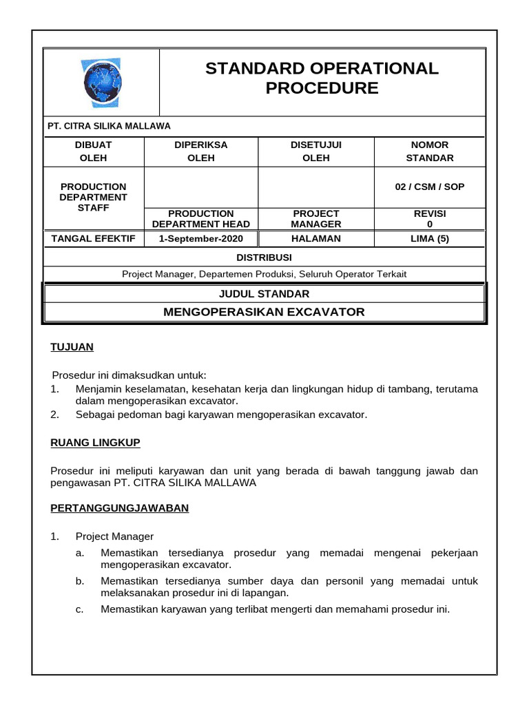 SOP 02 CSM PROD - Mengoperasikan Excavator | PDF