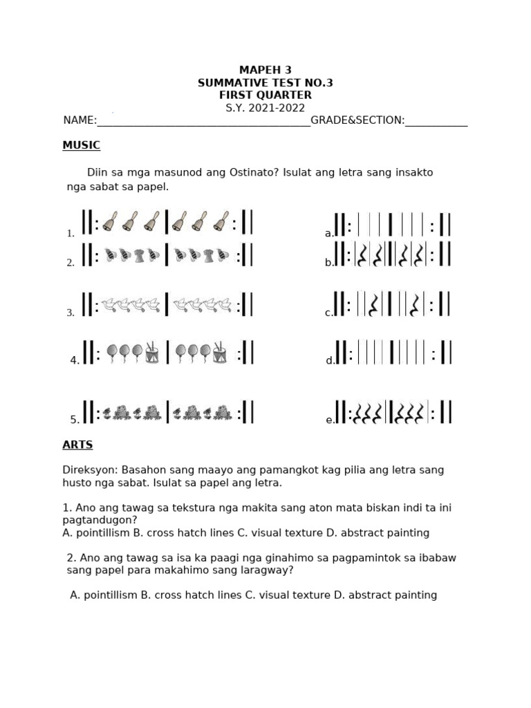 MAPEH 3 Summative Test First Quarter | PDF