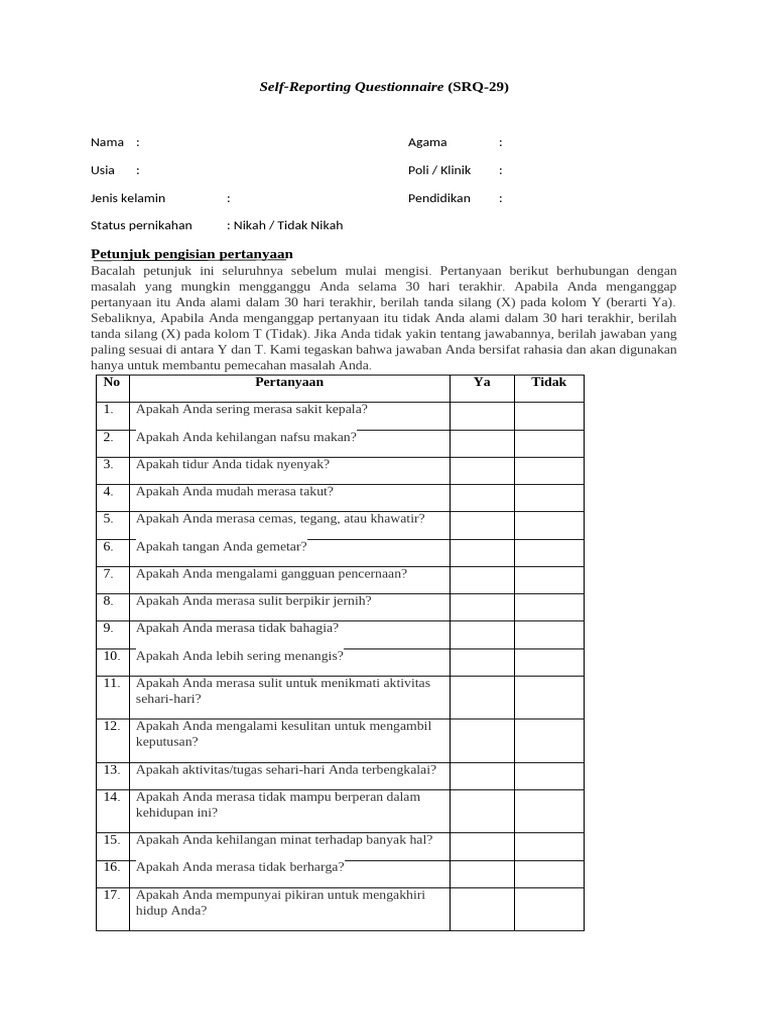 Self-Reporting Questionnaire | PDF