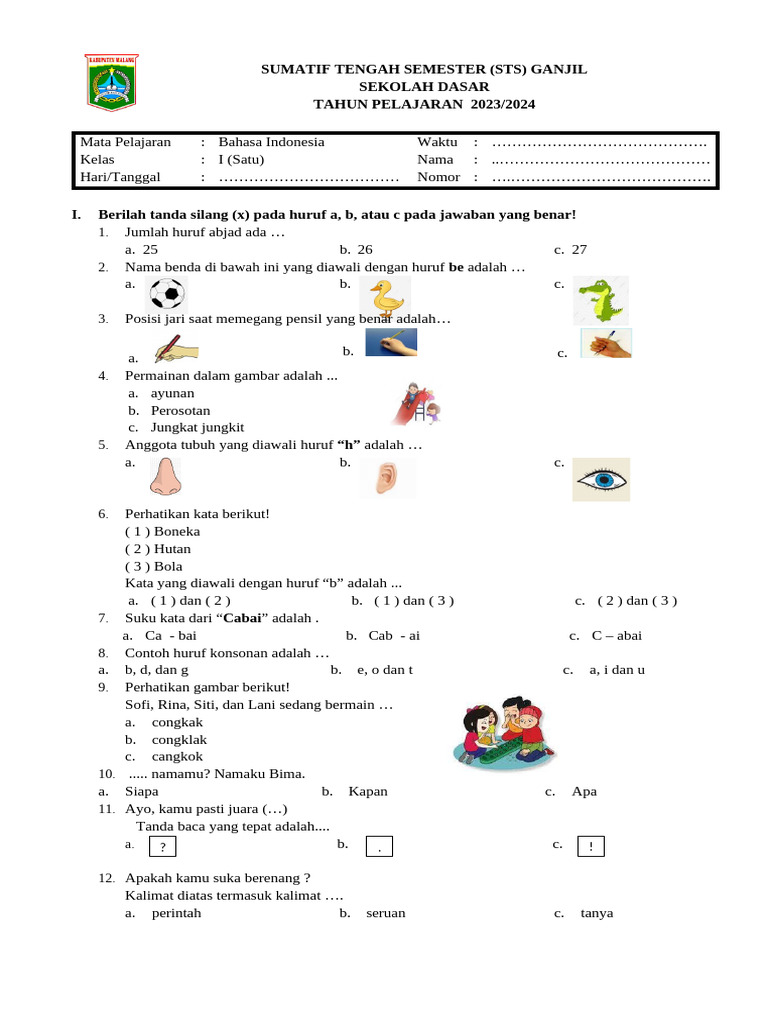 STS Ganjil BINDO Kelas 1 | PDF