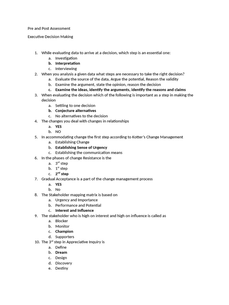 Executive Decision Making Pre And Post Assessment June 2023 PDF