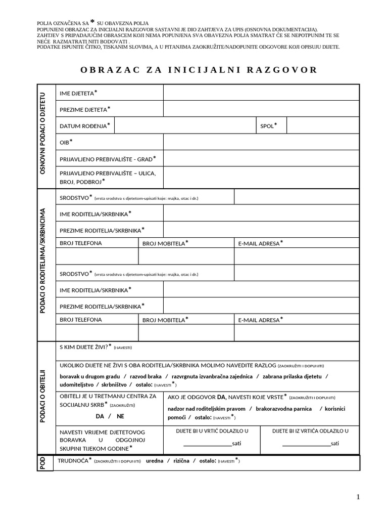 Obrazac Za Inicijalni Razgovor Podsused (1) 91 | PDF