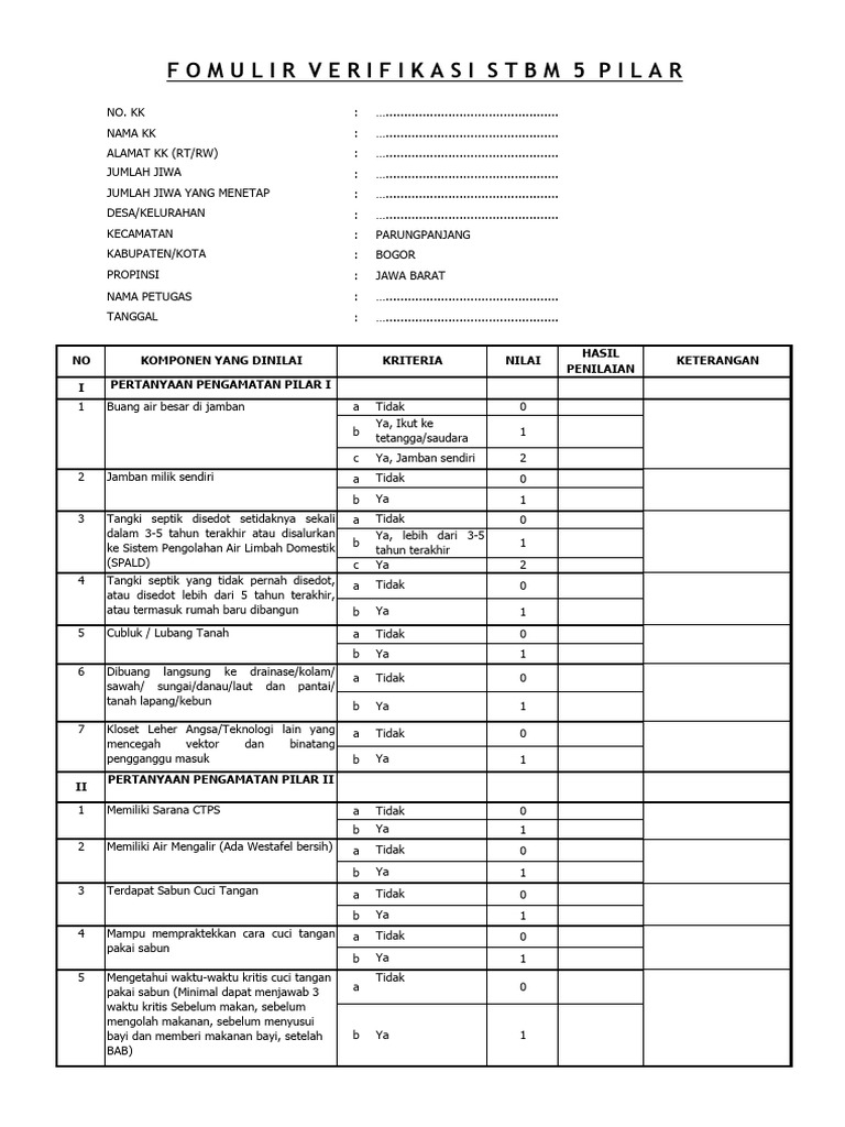 KL - Form Verif Internal STBM 5 Pilar | PDF
