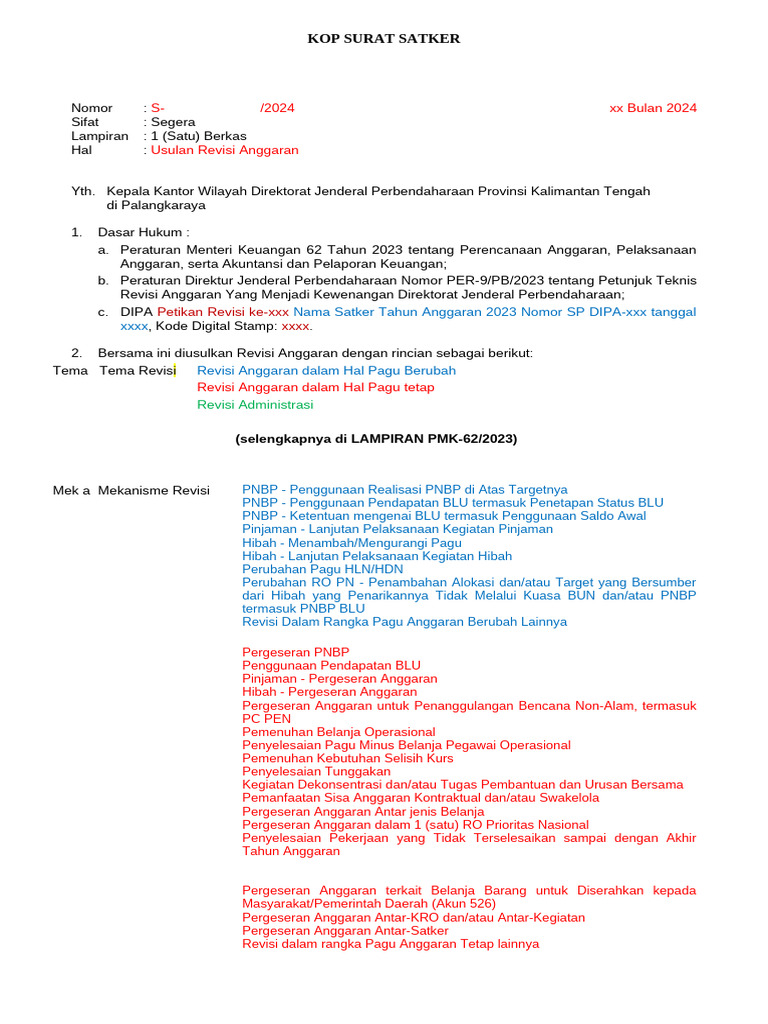 Format Surat Revisi Satker 2024 | PDF