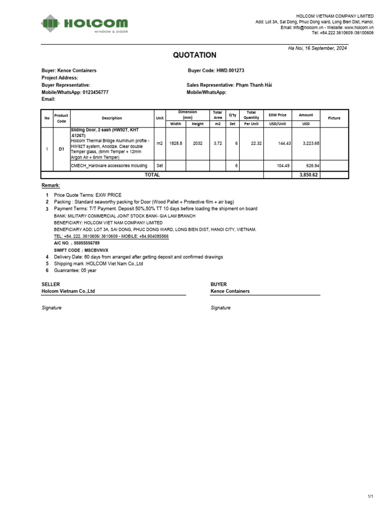 Holcom-Quotation For MR - Kence (Exw Price) | PDF