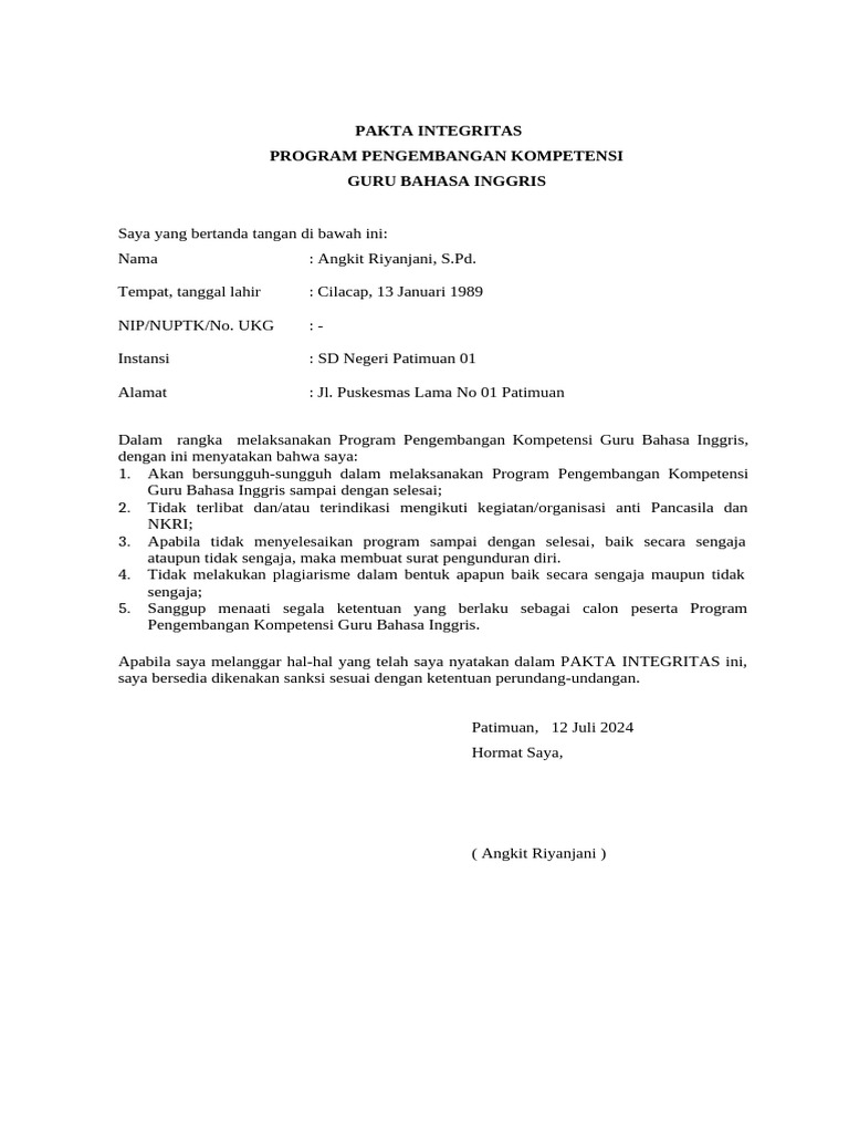 Pakta Integritas PKGBI | PDF