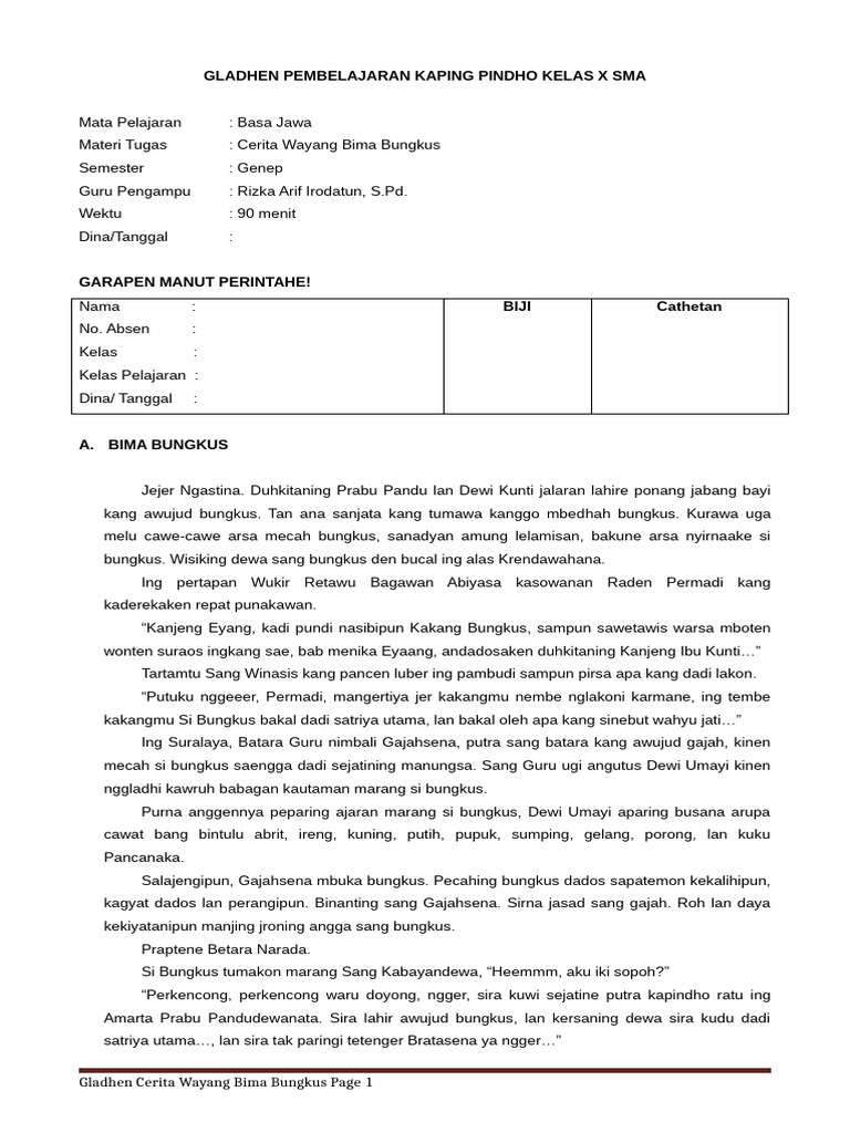 Gladhen Wayang Bima Bungkus | PDF