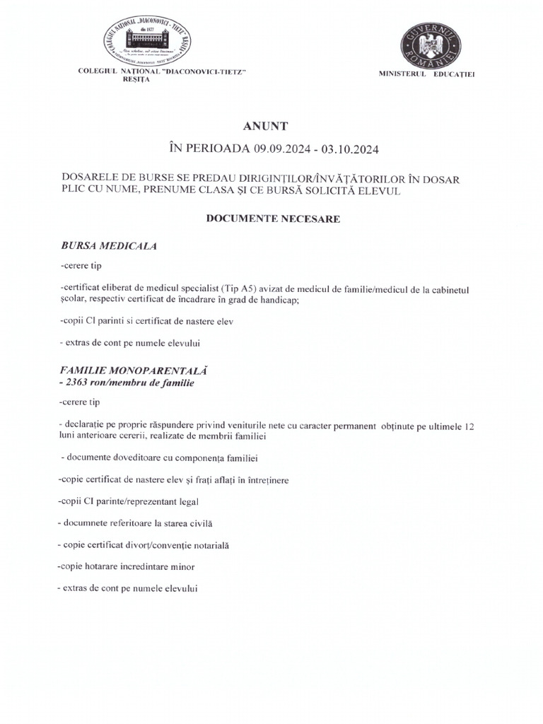 Anunț Documente Necesare Burse 2024 - 2025 | PDF