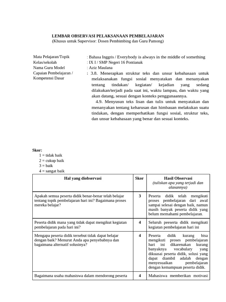 Lampiran 7 - Aziz Maulana - Siklus 1 - Format Lembar Observasi Pelaksanaan Pembelajaran Untuk ...