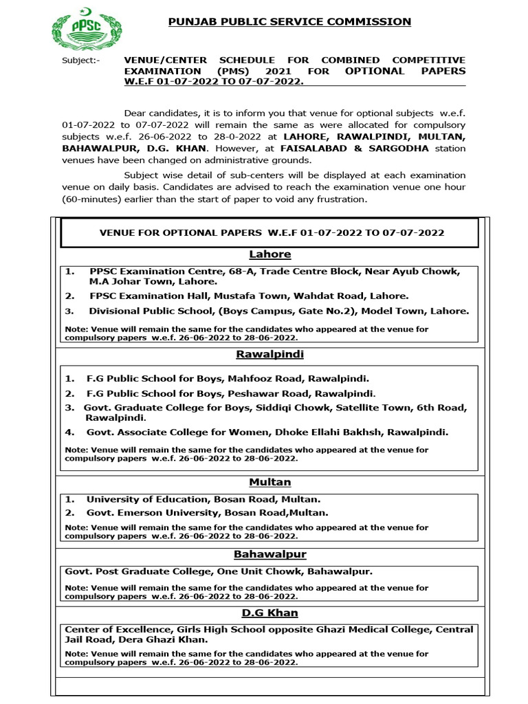 PMS 2022 Optional Papers Schedule | PDF | Pakistan