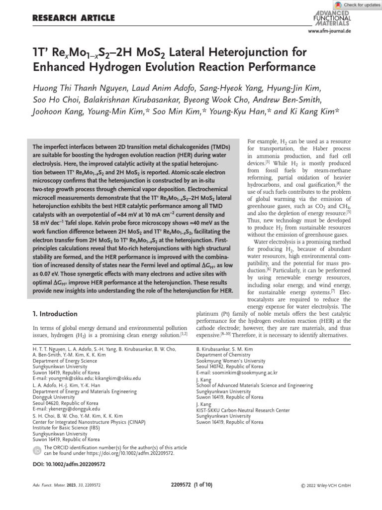 Adv Funct Materials - 2022 - Nguyen - 1T RexMo1 XS2 2H MoS2 Lateral Heterojunction For Enhanced ...