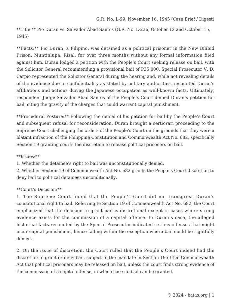 G.R. No. L-99. November 16, 1945 (Case Brief - Digest) | PDF | Bail | Capital Punishment