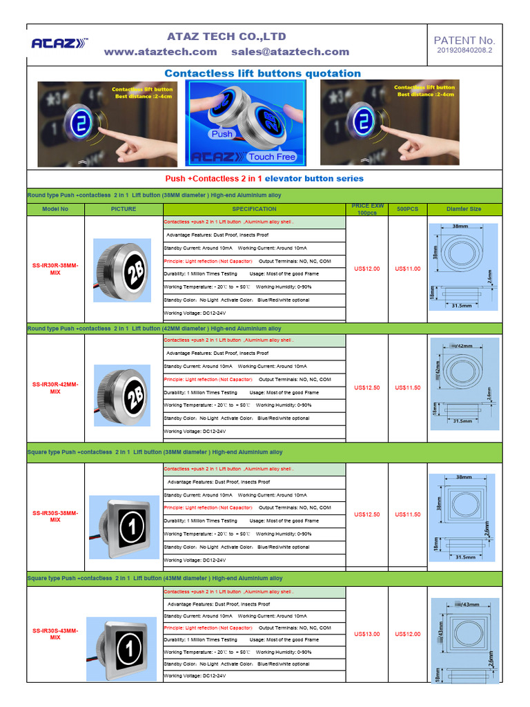 ATAZ TECH Contactless Lift Buttons Price List 2024V | PDF