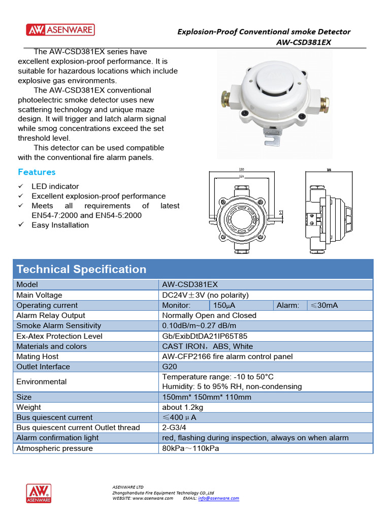Aw Csd381ex Explosion Proof Smoke Detector Datasheet 20211130 Pdf