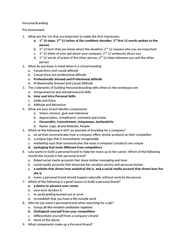 Personal Branding Prea ND Post Assessment | PDF