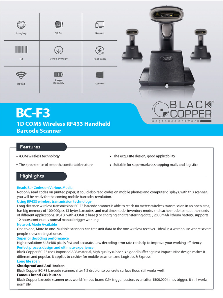 1D COMS Wireless RF433 Handheld Barcode Scanner: Features | PDF