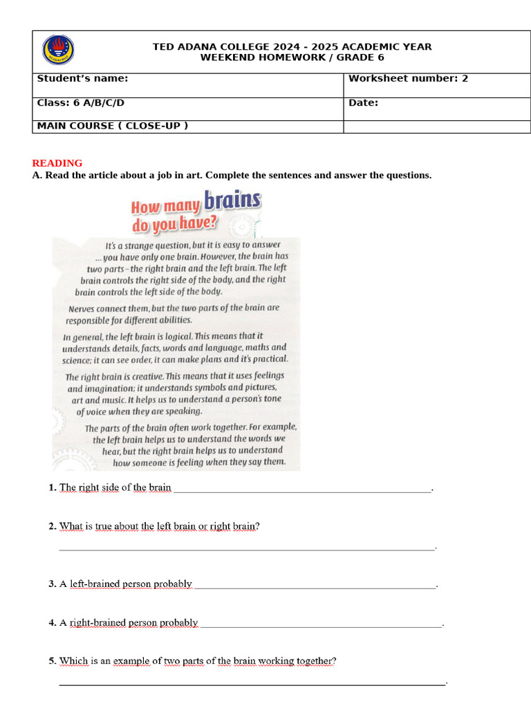 Weekend Worksheet 2 Grade 6 | PDF