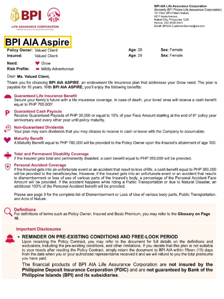 BPI AIA Aspire (10 Years - 35k Cash Payout) | PDF