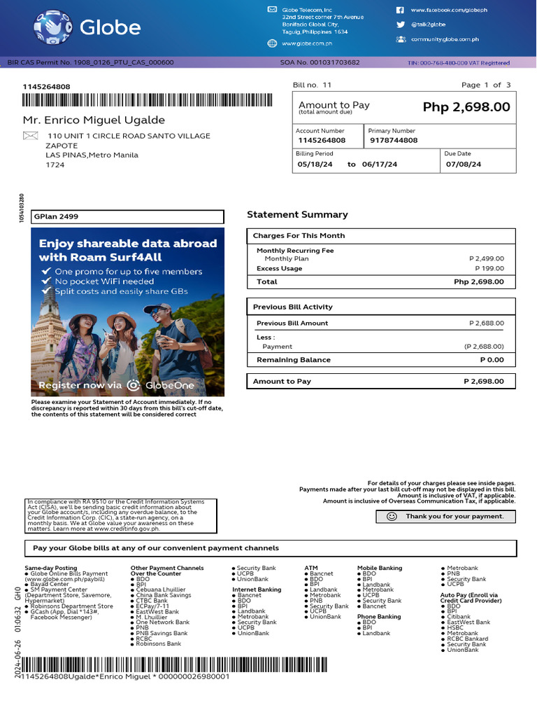 Globe Bill 09178744808 | PDF