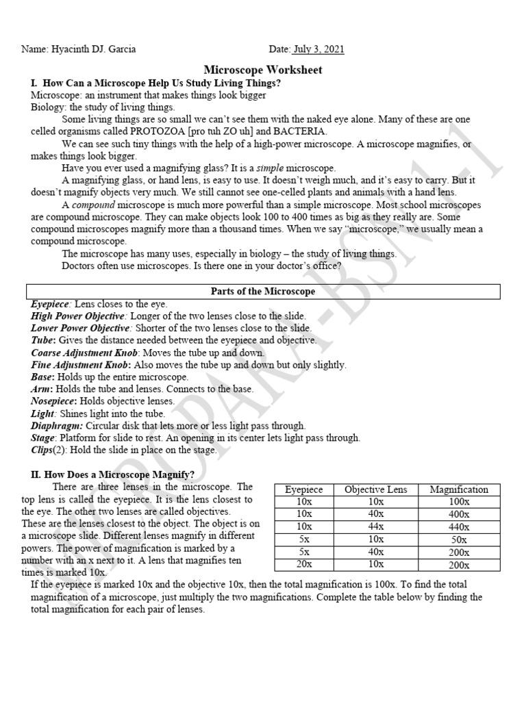 Microscope Worksheet I How Can A Microscope Help Us Study Living Things ...