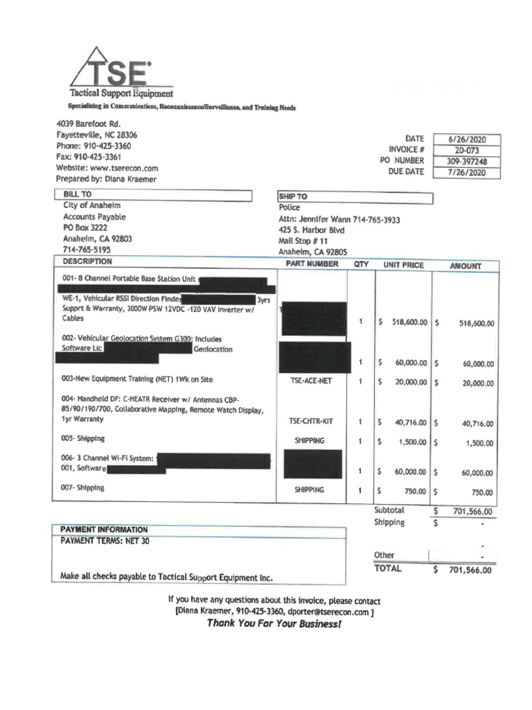 Tactical Support Equipment Anaheim Invoice | PDF