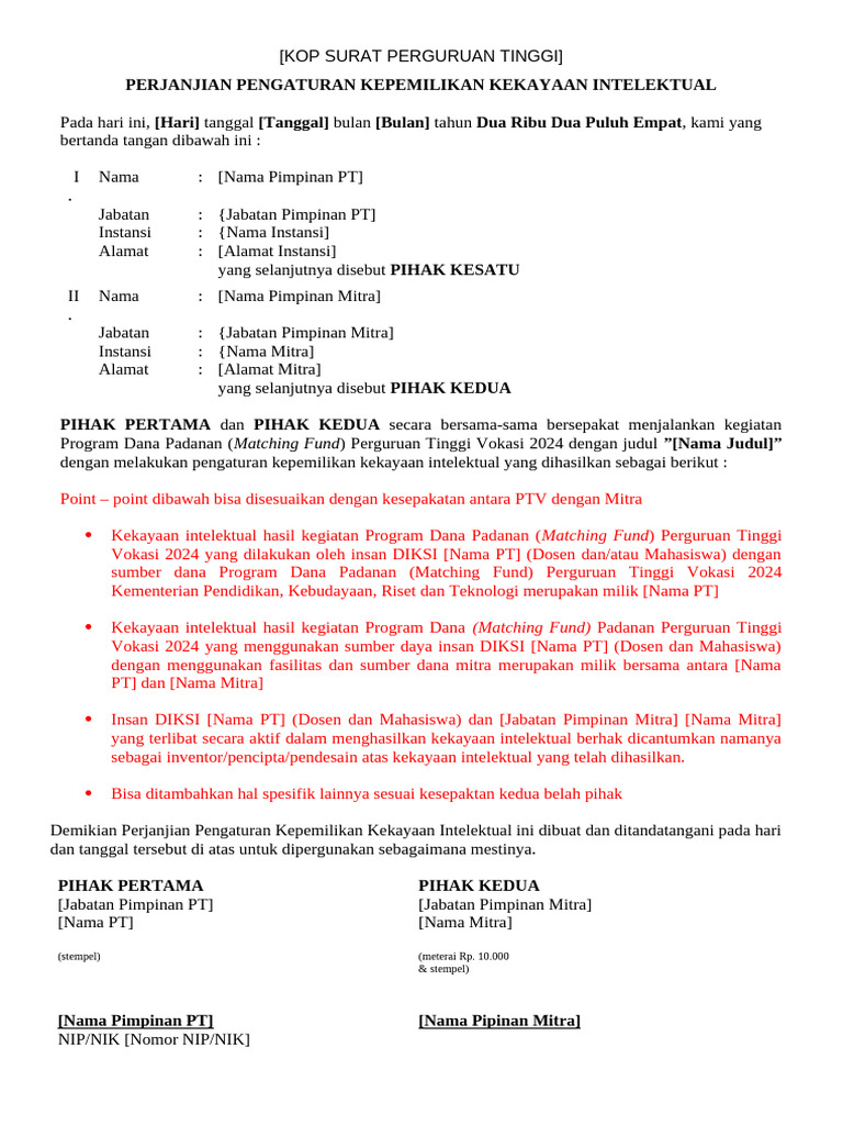 (PRAKONTRAK) Perjanjian Pengaturan Kepemilikan Kekayaan Intelektual | PDF (PRAKONTRAK) Perjanjian Pengaturan Kepemilikan Kekayaan Intelektual | PDF