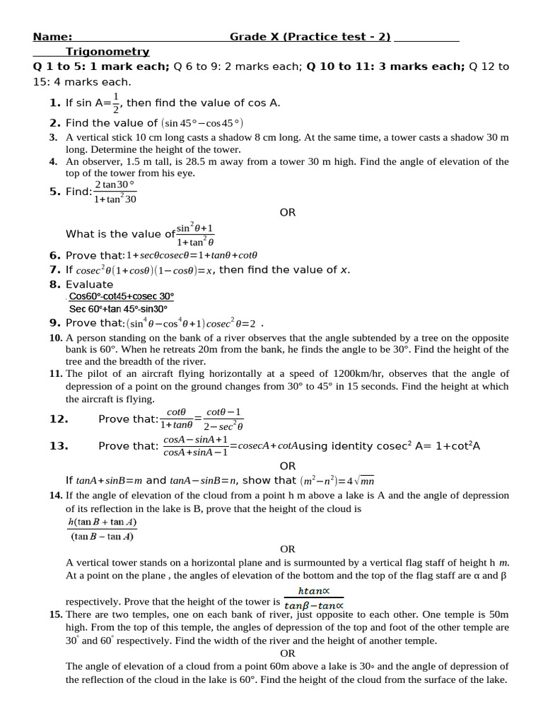Grade X Trigonometry Practice Test 2 | PDF | Angle | Trigonometry