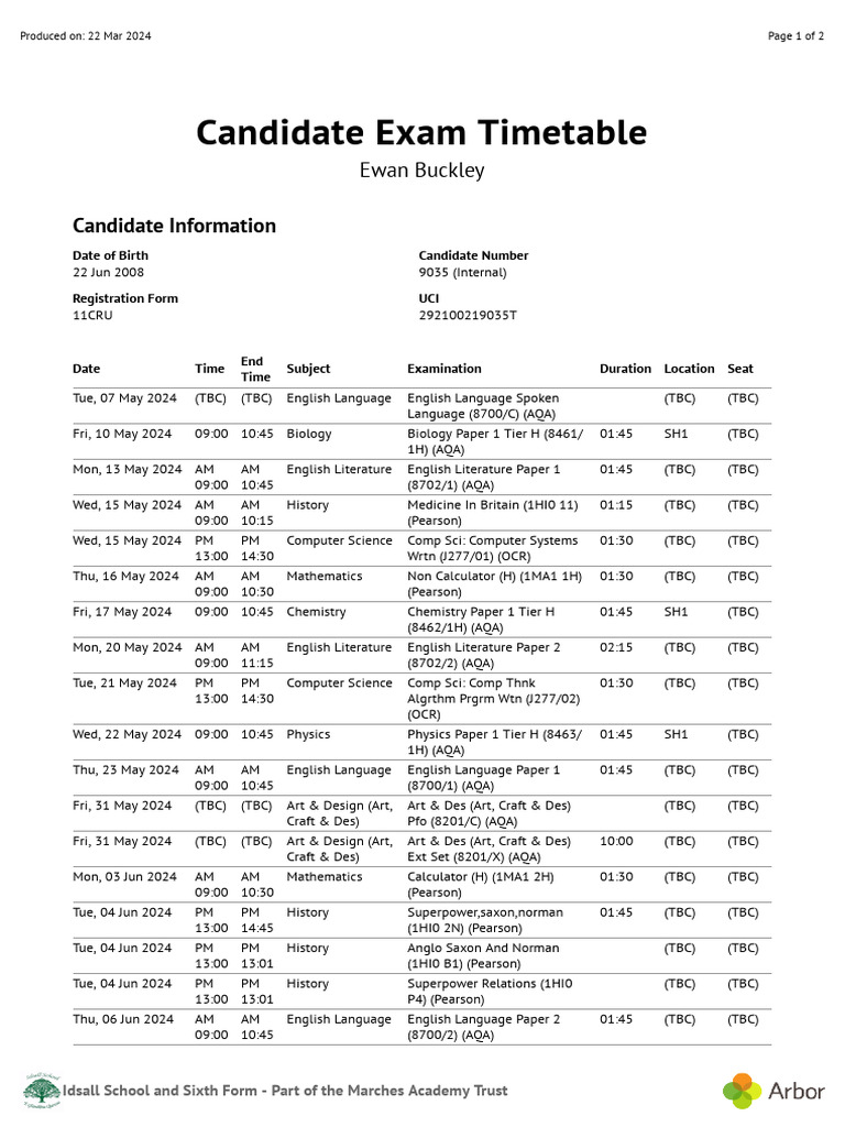 Candidate Exam Timetable | PDF