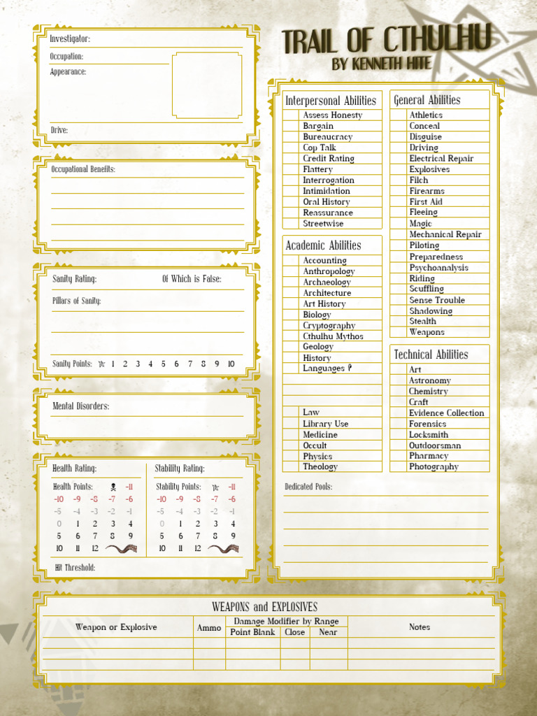 Trail of Cthulhu Purist Character Sheet (US Letter) | PDF