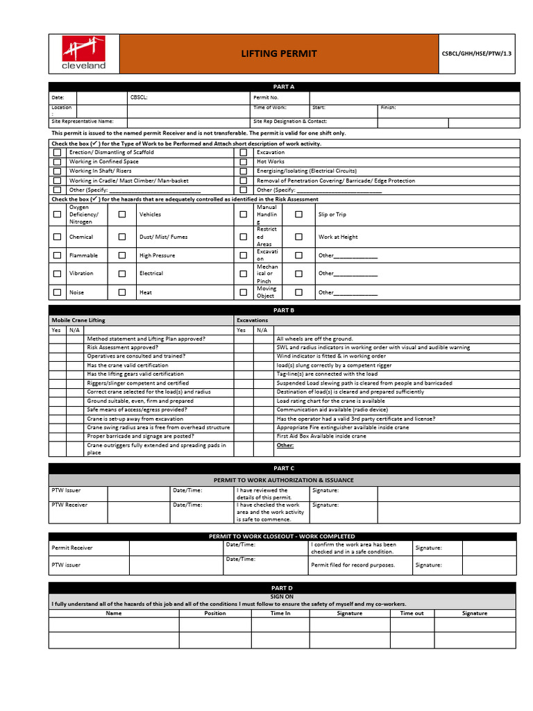 Lifting Permit | PDF | Crane (Machine) | Safety