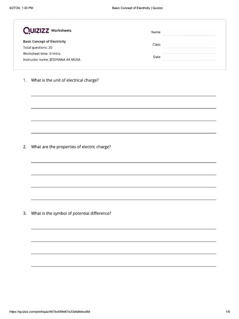 C1 Quiz Basic Concept of Electricity | PDF