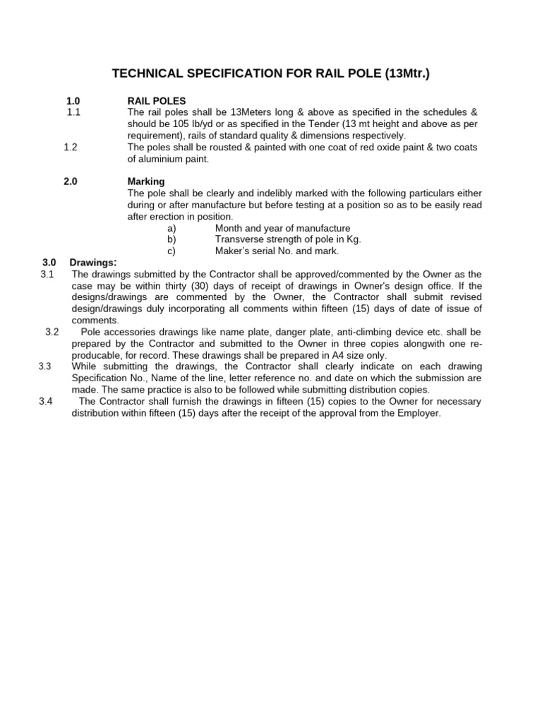 Technical Specification For Rail Pole | PDF