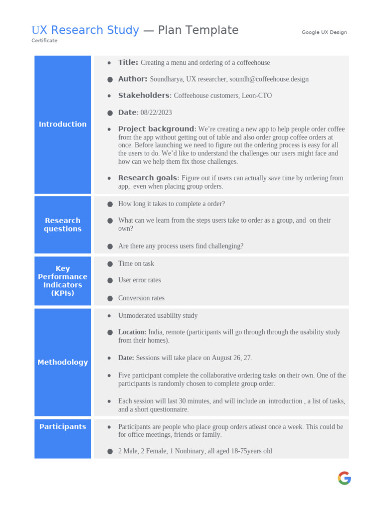 UX Research Plan - Coffeehouse | PDF