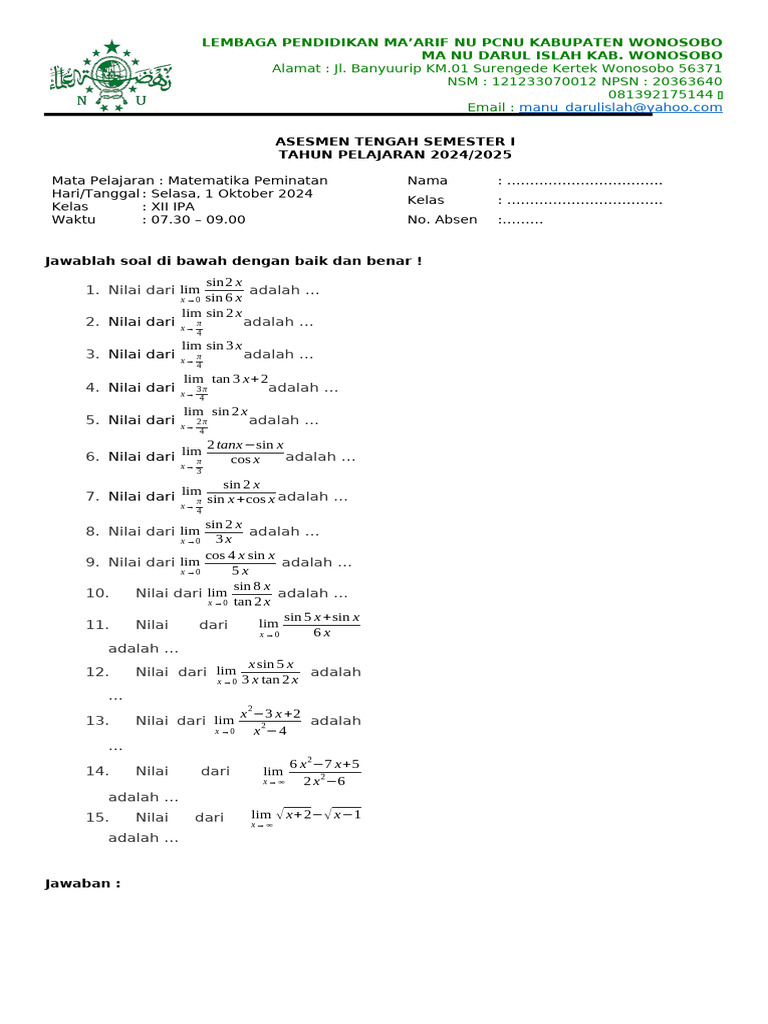 Matematika Peminatan 12 Ipa Ats | PDF