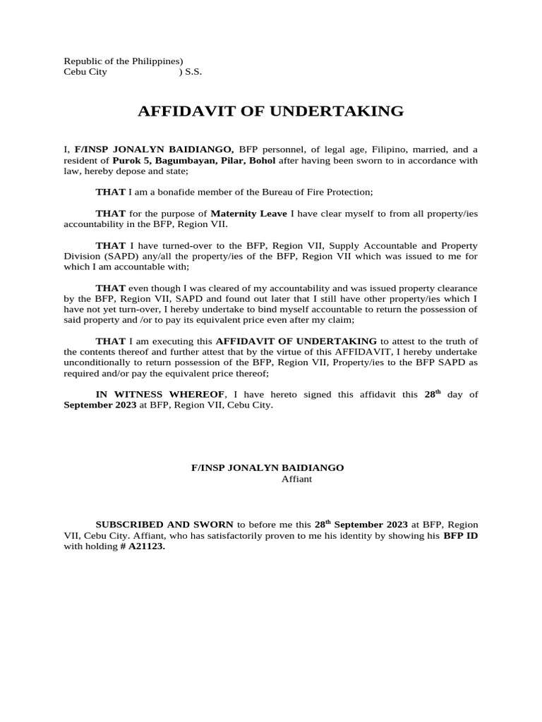 Affidavit of Undertaking Maternity Baidiango | PDF