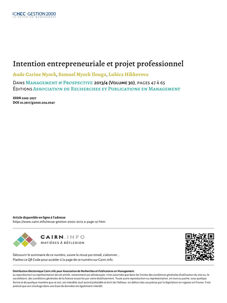 Intention Entrepreneuriale Et Projet Professionnel | PDF