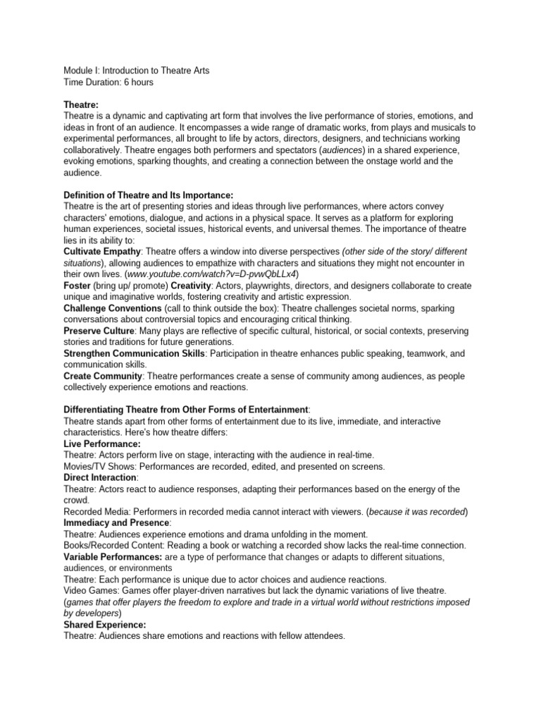 Intro to Theatre Arts Basics | PDF | Theatre | Actor